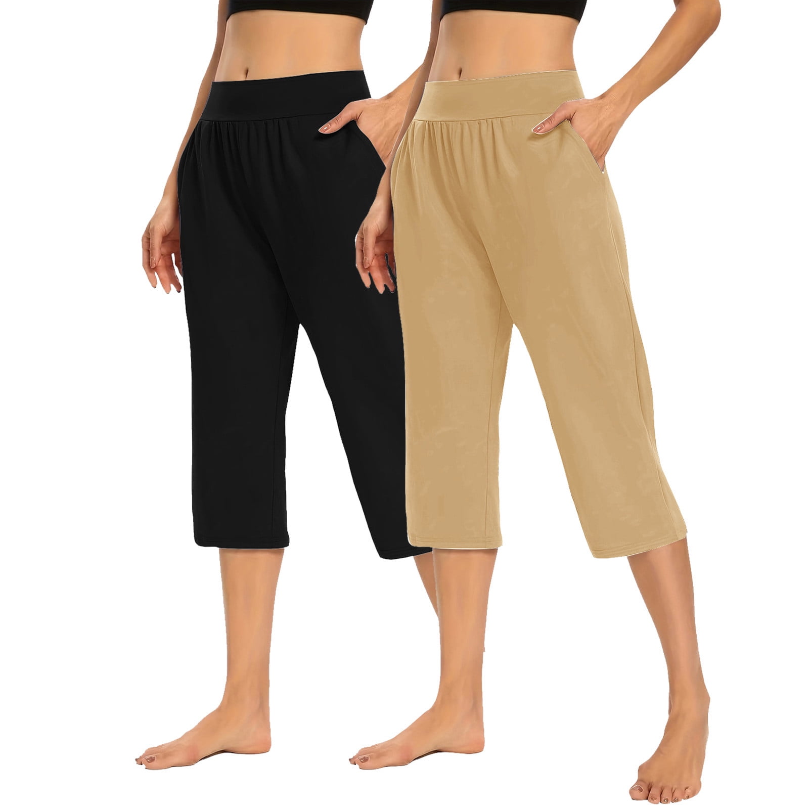 Tbopshirt Capri Pants for Women 2PCS Solid Elastic Waist Pocket Cropped ...