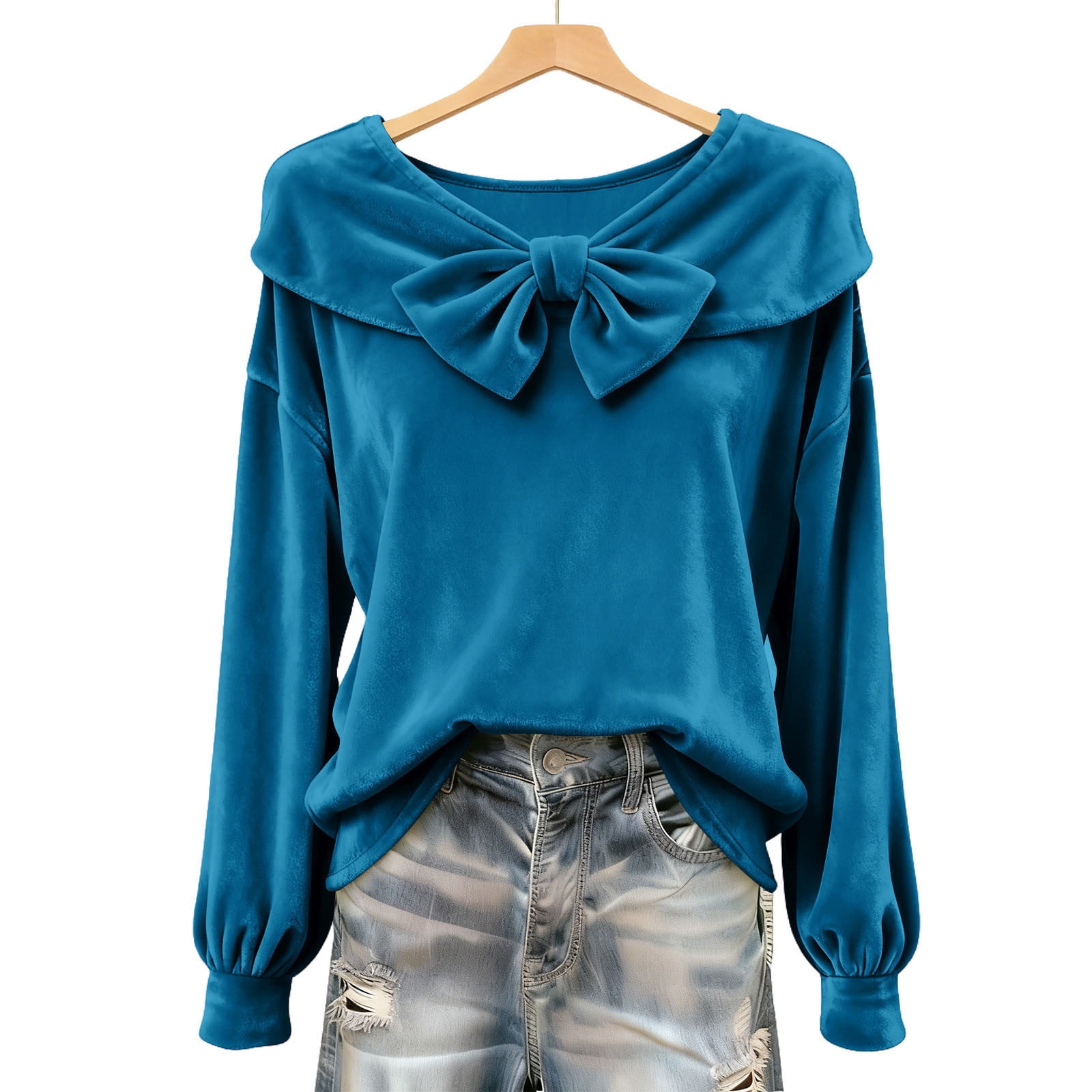 Tbopshirt Womens Blouses V Neck Sweet Gold Velvet Bow Long Sleeve ...