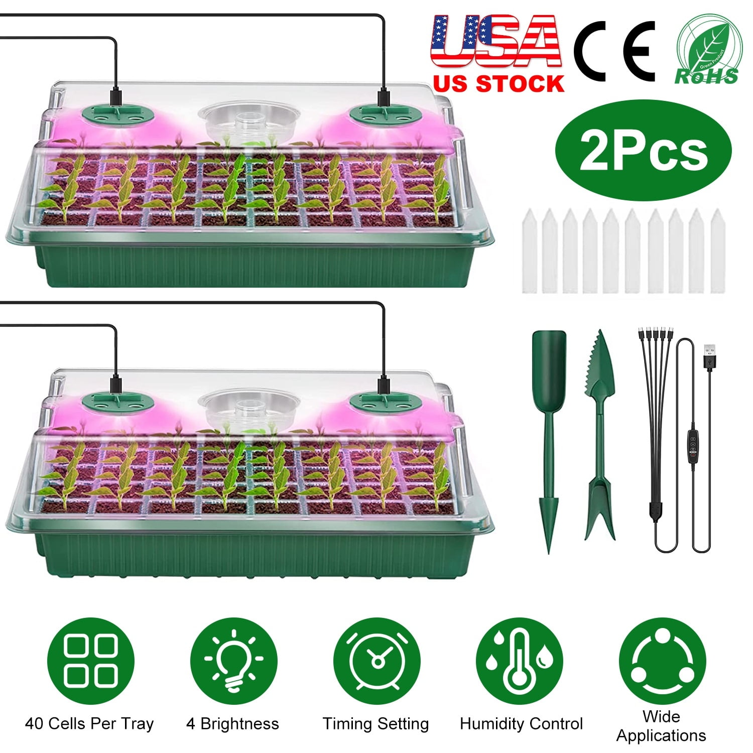 Tcbosik 2 Pack Seed Starter Trays w/Grow Light, 40-Cell Seed Starter ...