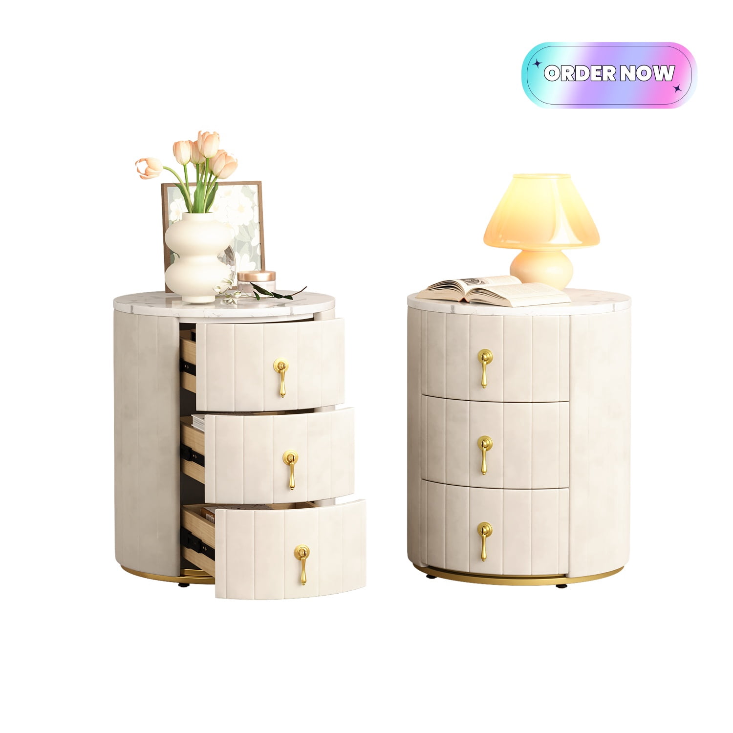 Tcbosik 2 Pack Velvet Nightstands with 3 Storage Drawers, Round ...