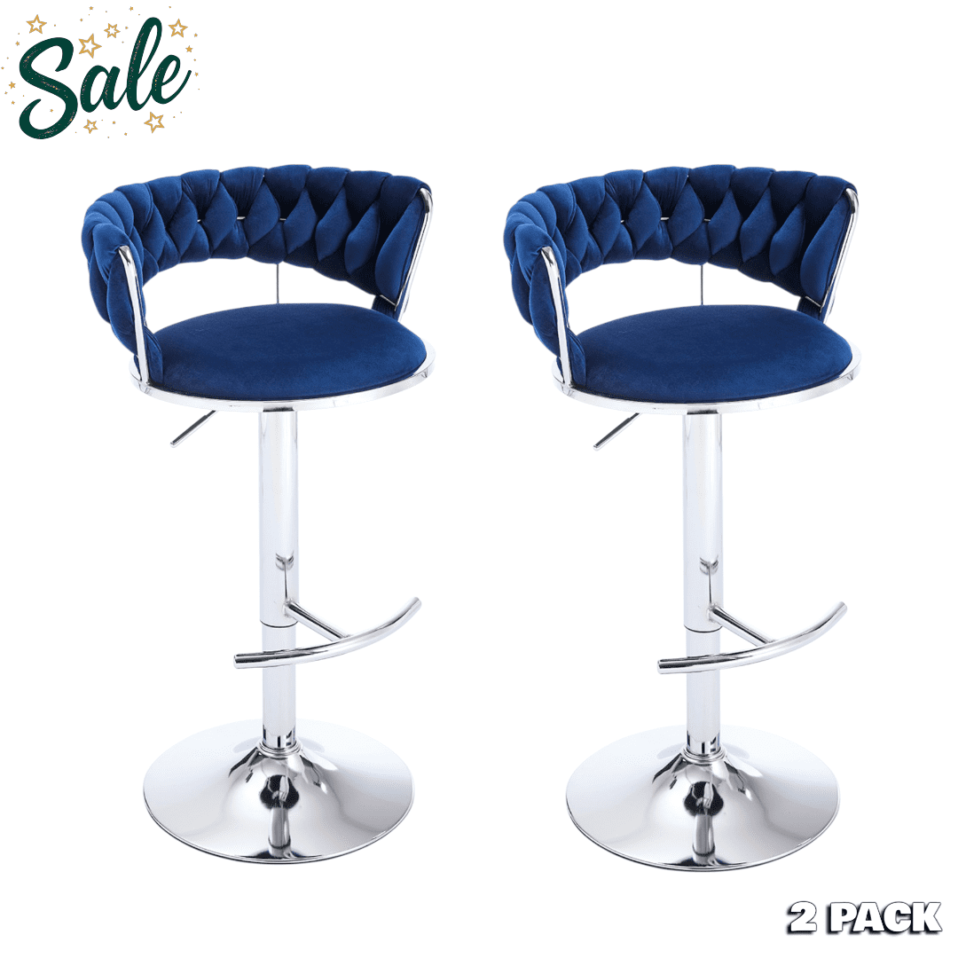 Tcbosik 2-Piece Adjustable Velvet Bar Chairs in Blue – 360° Swivel ...