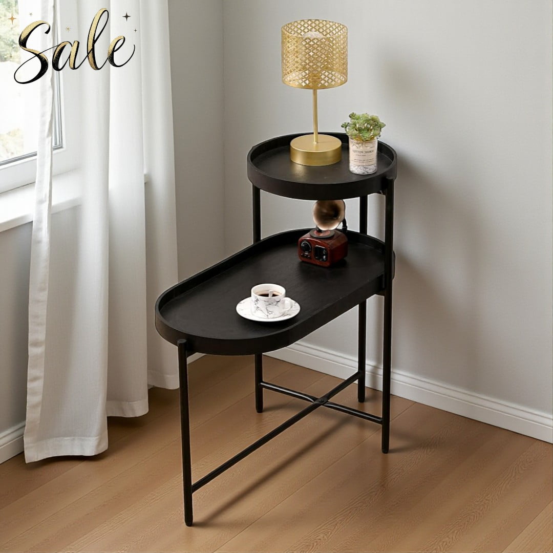 Tcbosik 2-Tier End Table with Top Round & Lower Oval Trays, Sturdy Iron ...