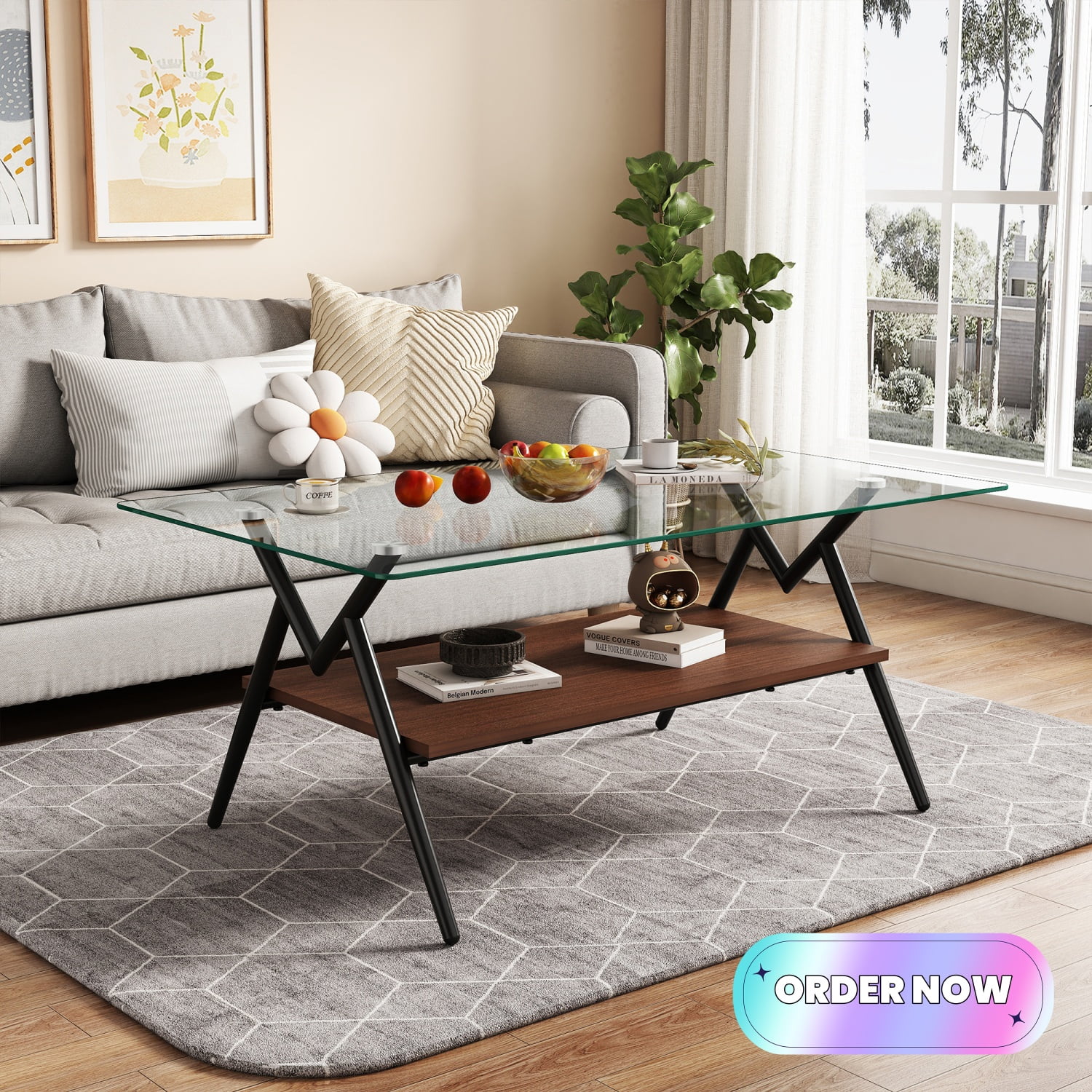 Tcbosik 2-Tier Rectangle Coffee Table with Tempered Glass Top, Modern Tea Table with Metal Legs ...