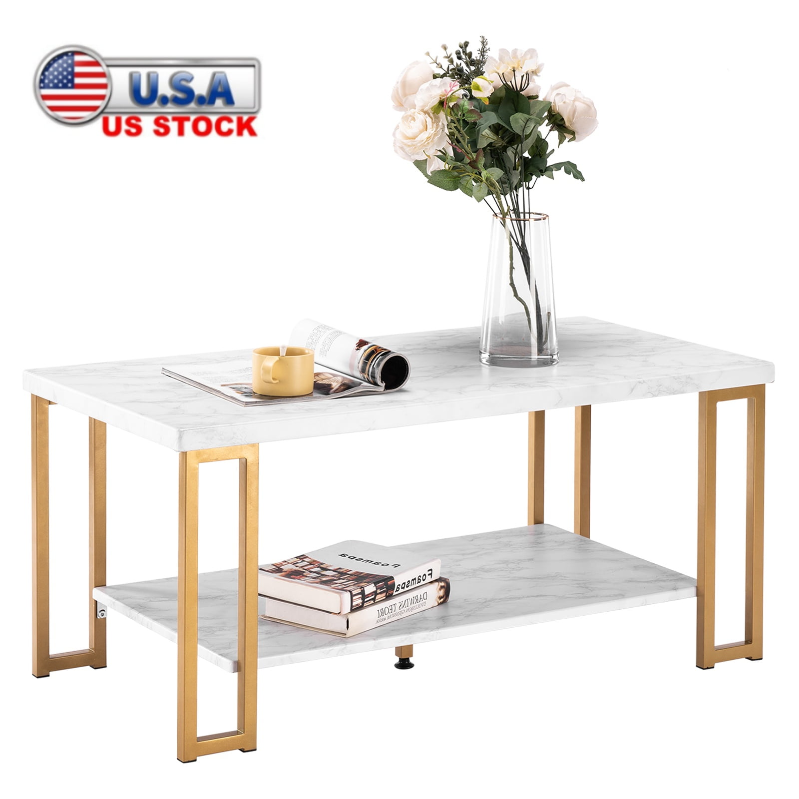Tcbosik 2-Tier Coffee Table with Faux Marble Top and Golden Metal Legs ...