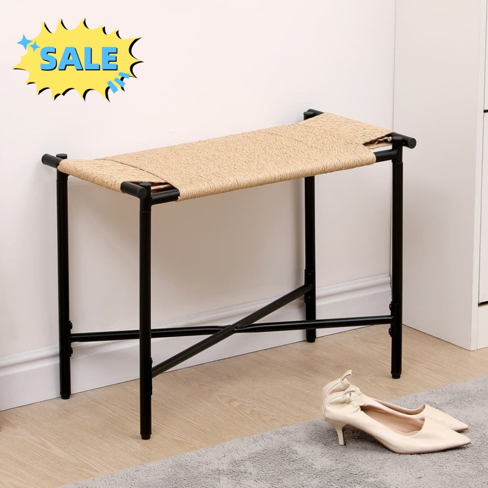 Tcbosik 23.6" Small Handwoven Bench, Paper Rope Ottoman with Metal ...