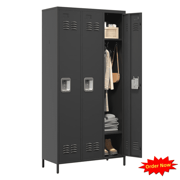Locker for Employees, 3 Doors Locker Cabinet with Hooks, Storage Locker ...