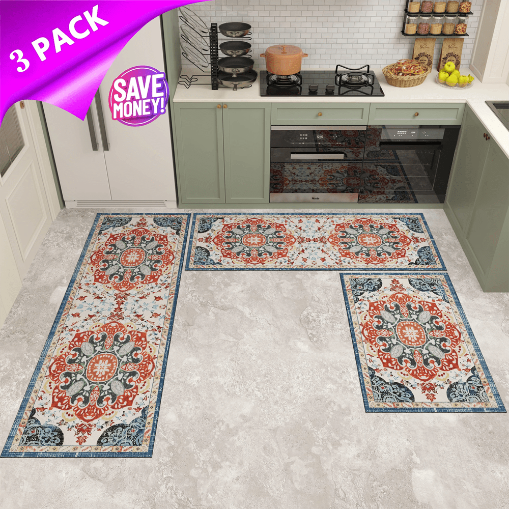 Tcbosik 3-Piece Boho Kitchen Rug Set, Non-Slip Washable Floor Mat ...
