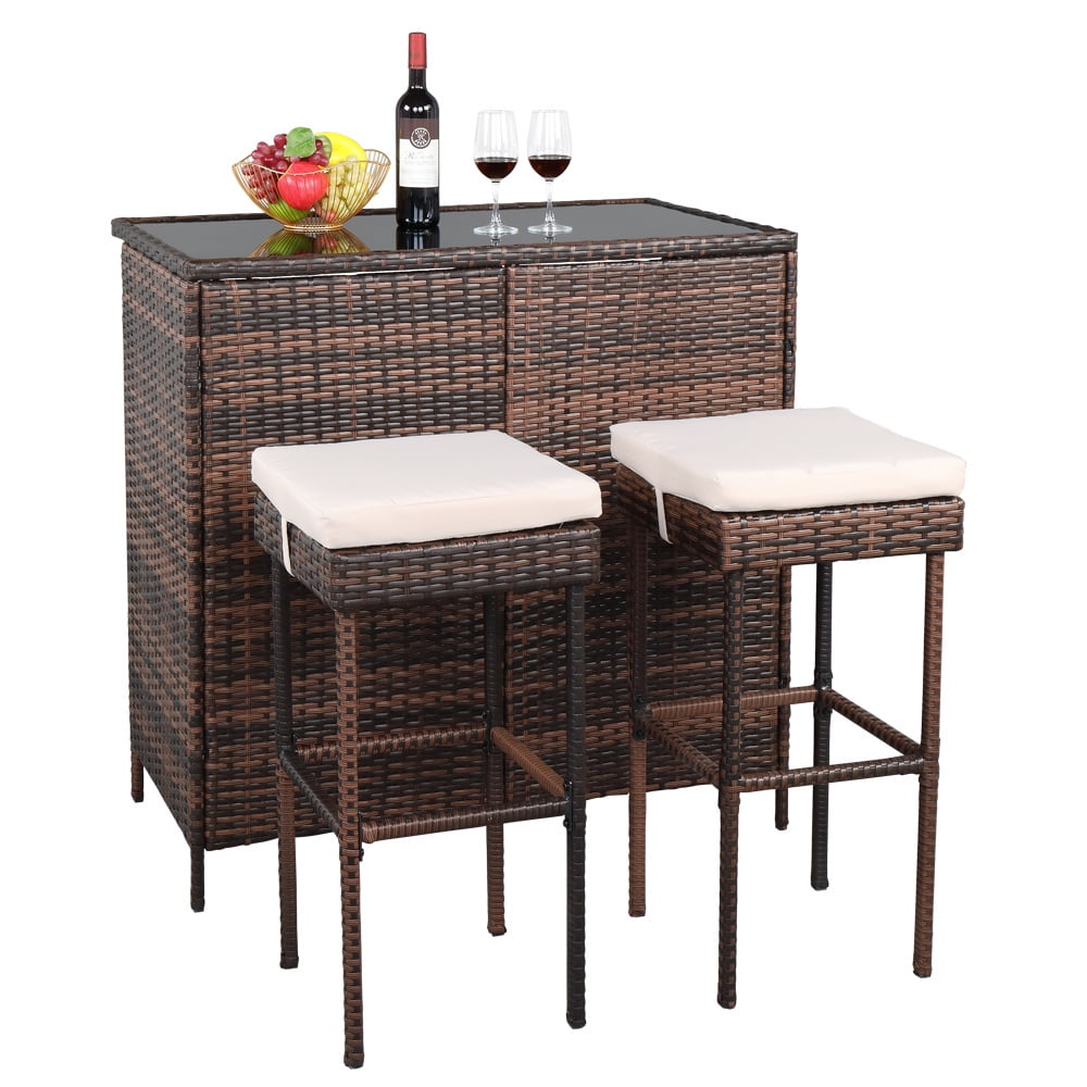 Tcbosik 3 Piece Outdoor Rattan Dining Bar Set with 2 Stools and Glass ...
