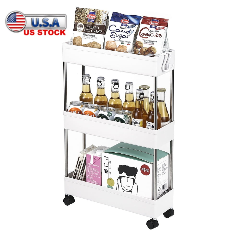Tcbosik 3-Tier Mobile Unit Trolley with Hooks, 5.1"W Slim Rolling Cart ...