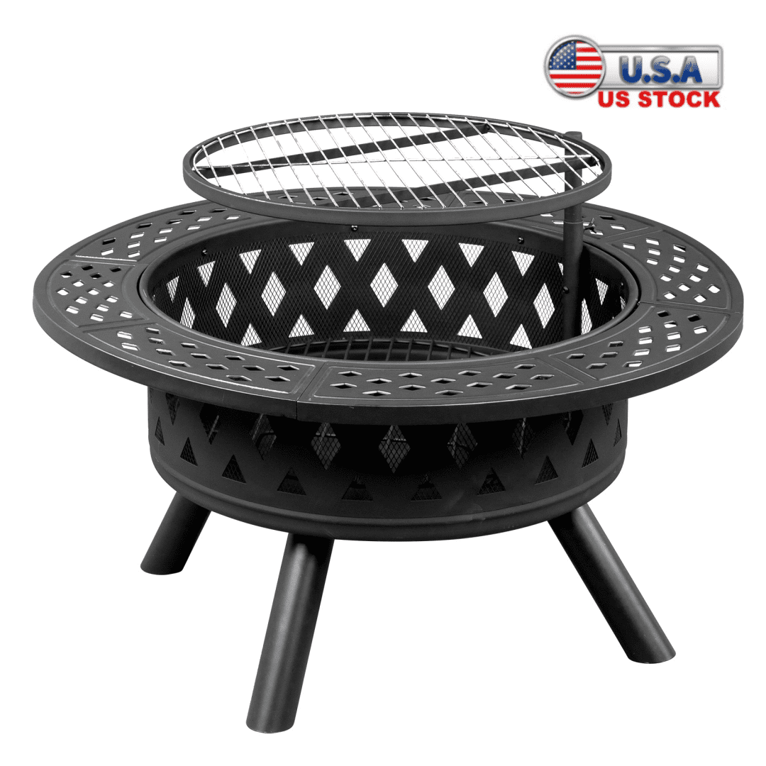 Tcbosik 38" Metal Burning Fire Pit with Cooking Grill Grate, Outdoor ...