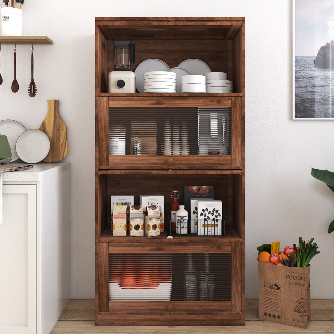 Tcbosik 4-Tier Display Case with Flip Up Glass Doors, Kitchen Storage ...
