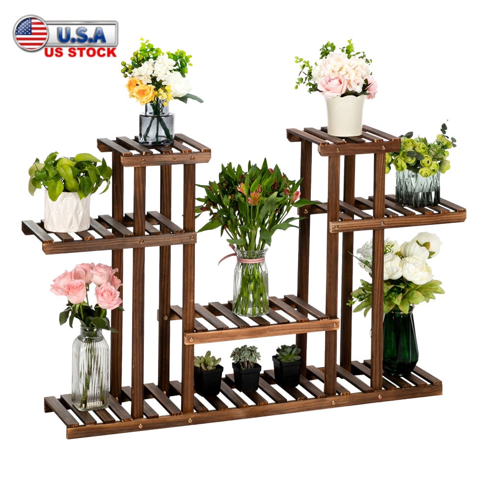 Tcbosik 12 Pots Pine Wood Plant Stand, 4-Tier Indoor Outdoor Flower ...