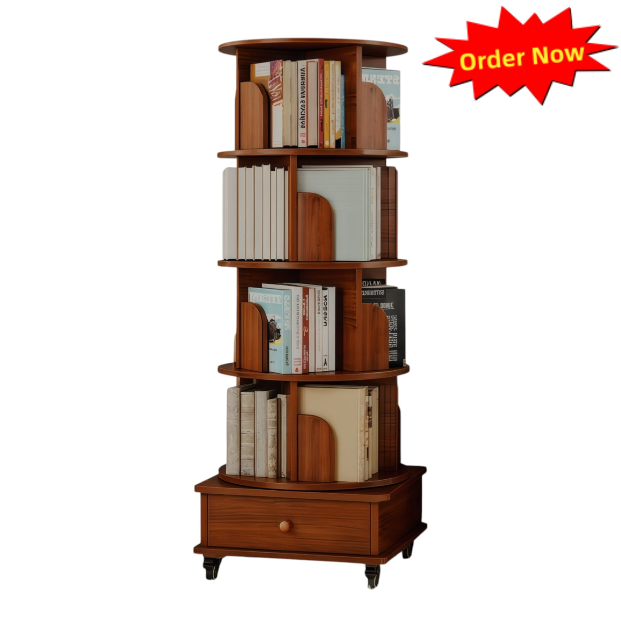 Tcbosik 4-Tier Rotating Bookshelf, Spinning Bookcase with Wheels, Round ...