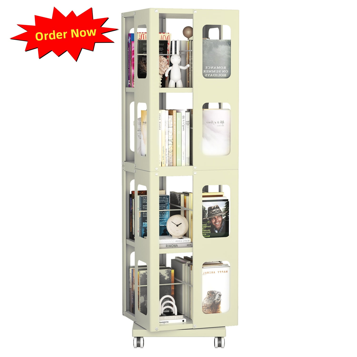 Tcbosik 4 Tier Rotating Bookshelf with Wheels, Metal Spinning Bookcase ...