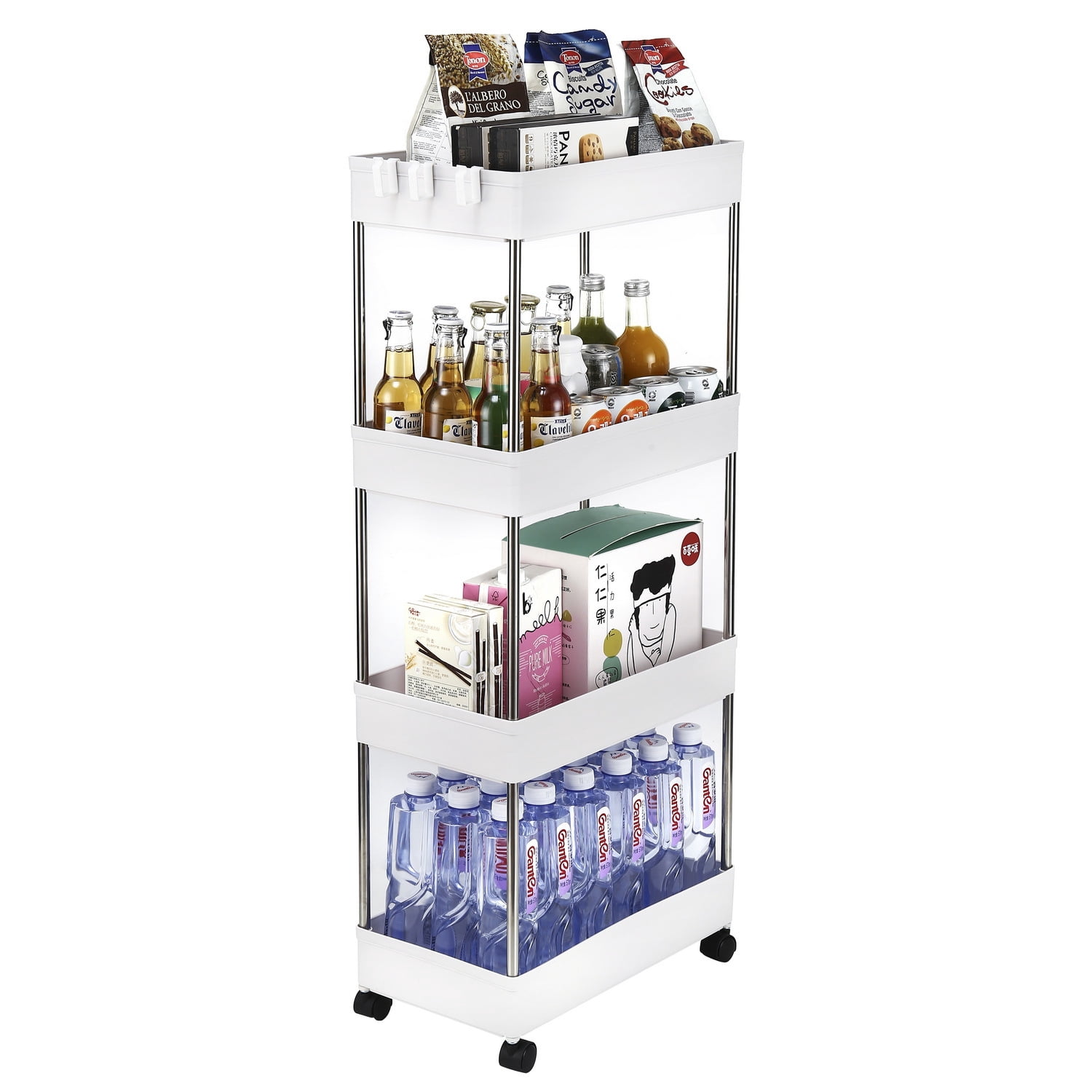 Tcbosik 4 Tiers White Mobile Storage Rack on Wheels, Rolling Shelving ...