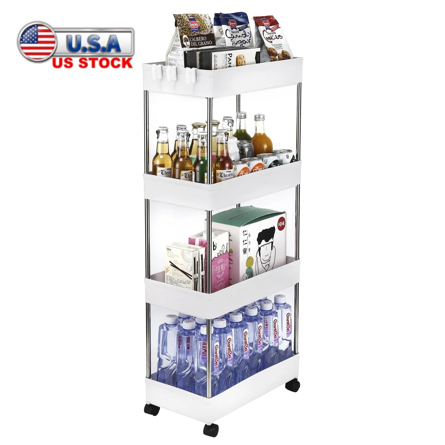 Tcbosik 4 Tiers White Mobile Storage Rack on Wheels, Rolling Shelving ...