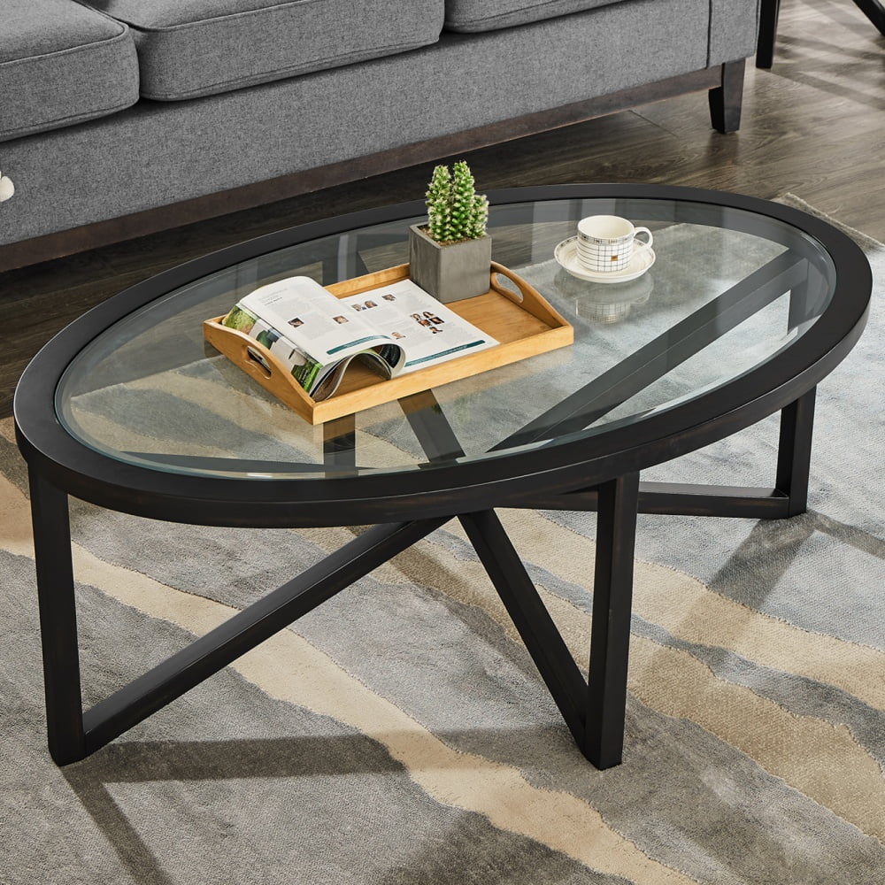 Tcbosik 46" Coffee Table with Glass Top and Wood Base, Modern Cocktail ...