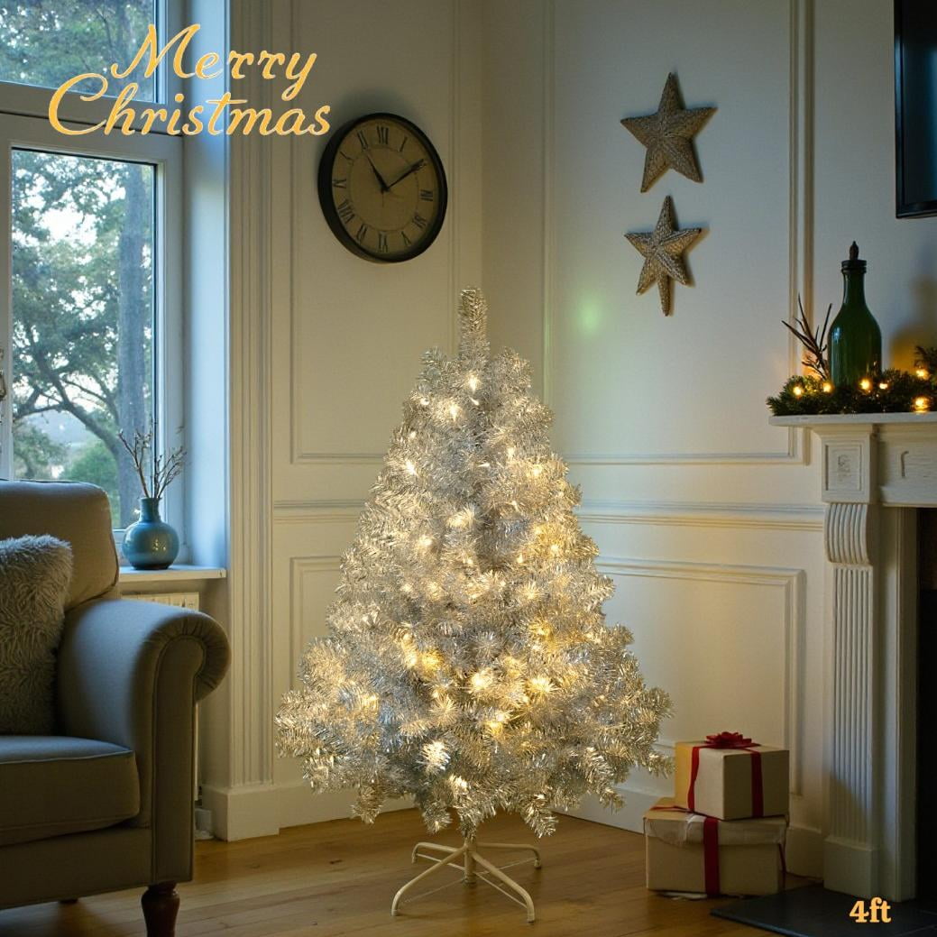 Tcbosik 4ft Silver Pre-Lit Christmas Tree, Metallic PVC Artificial Tree ...