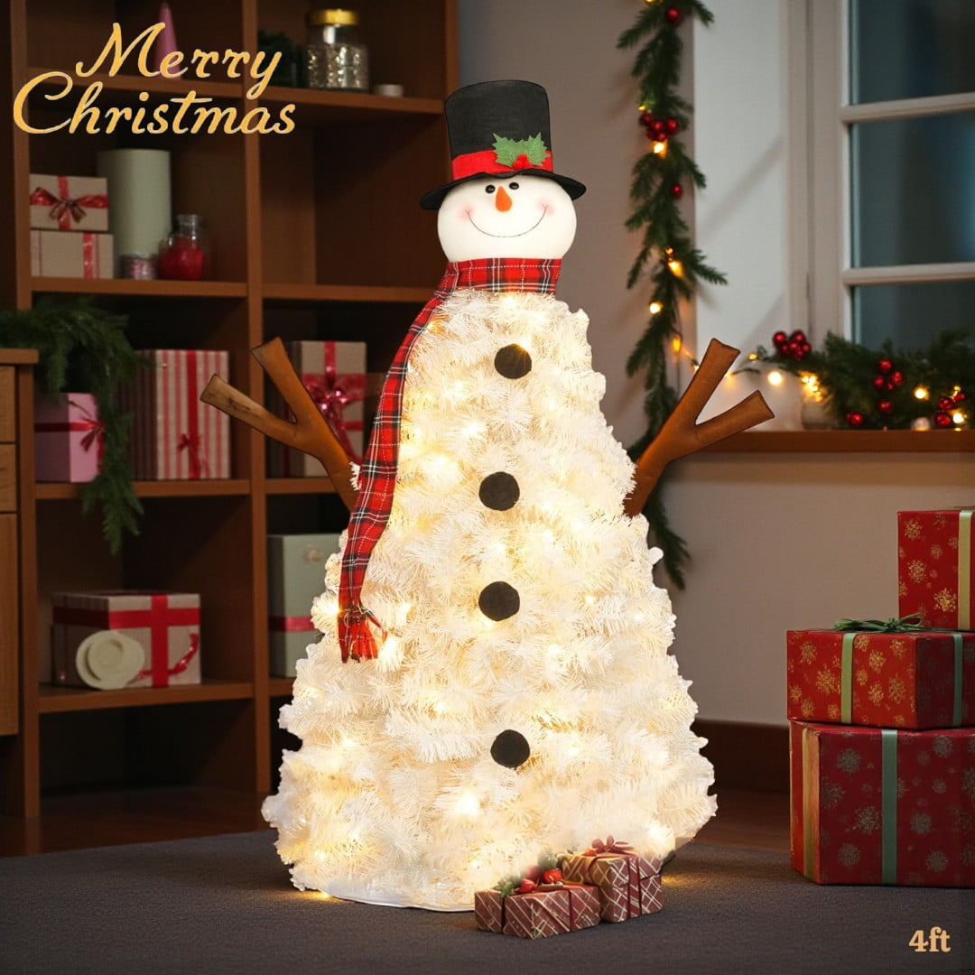 Tcbosik 4ft Snowman Shaped Christmas Tree, Pre-Lit PVC Artificial Tree ...