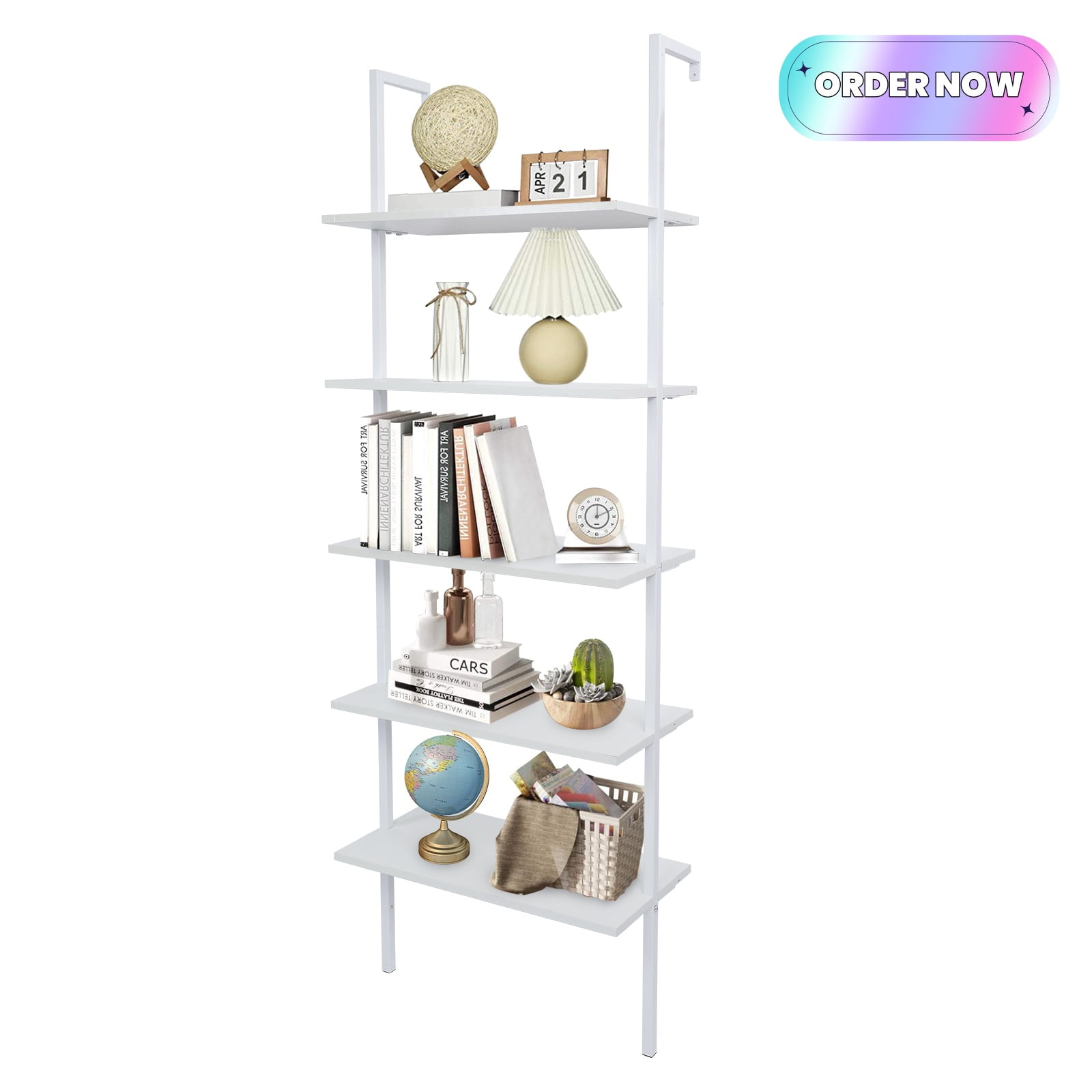 Tcbosik 5-Tier Bookshelf, Wall Mounter Ladder Shelf with Metal Frame ...