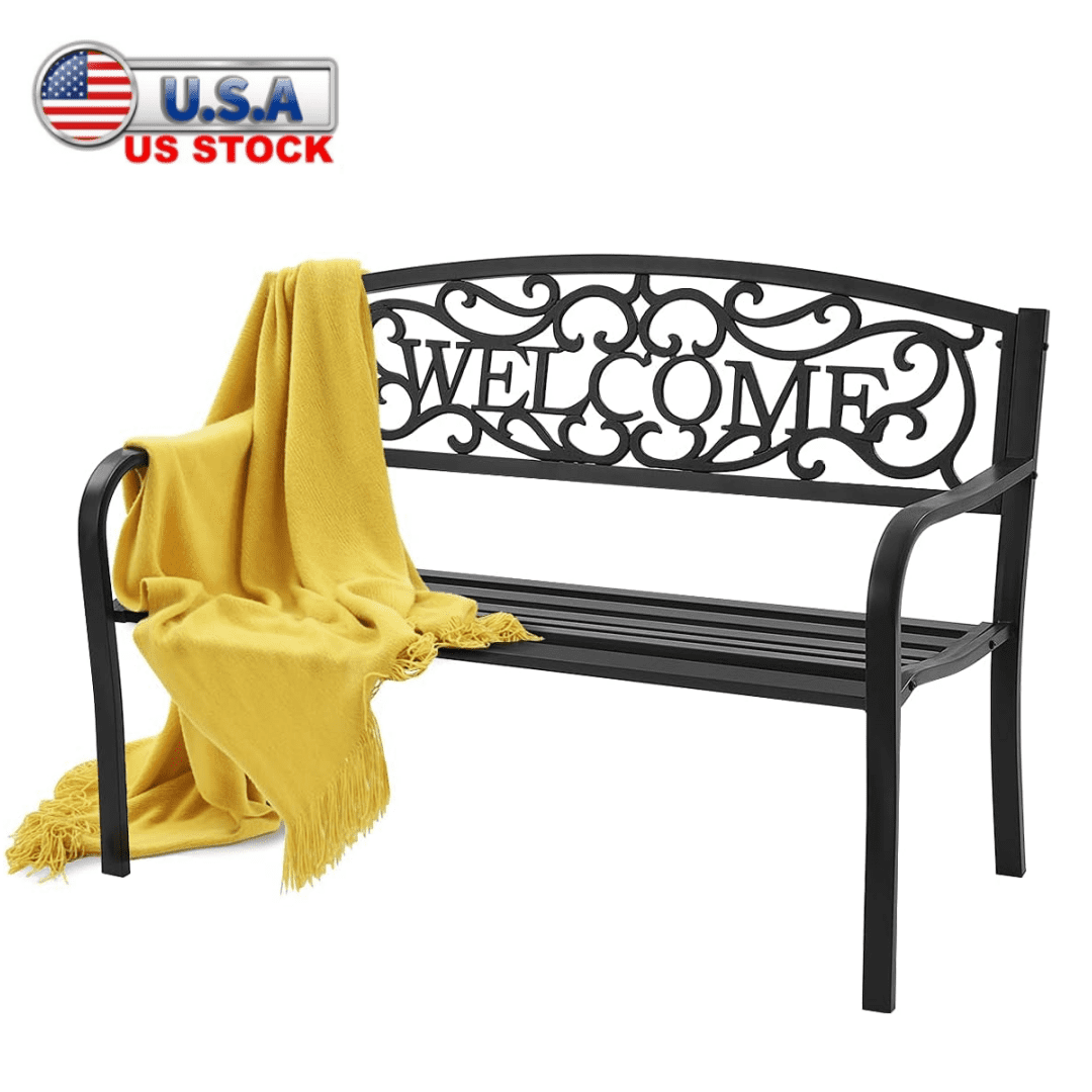 Tcbosik 50" Outdoor Bench w/ Welcome Design Backrest, Garden Bench ...