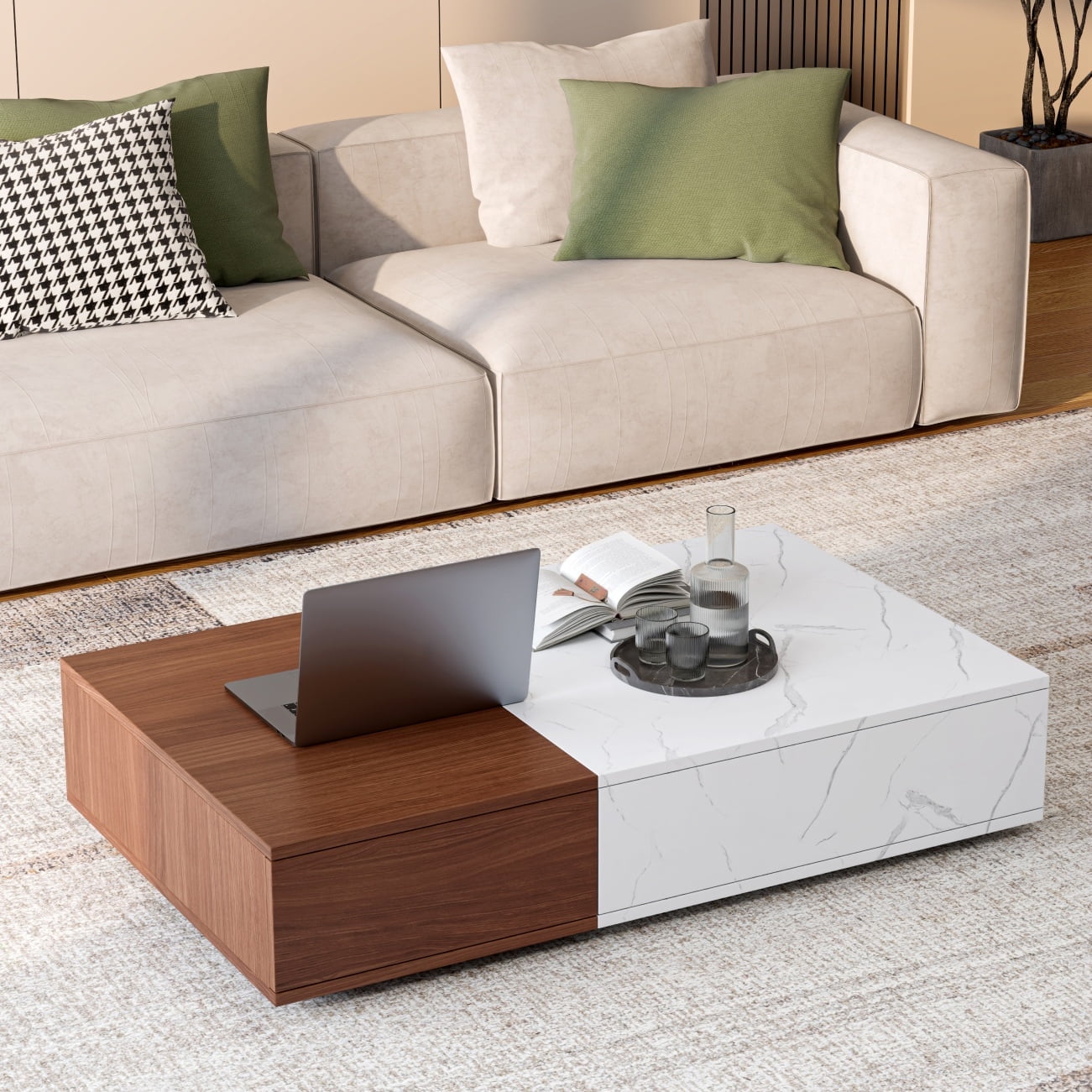 Tcbosik 51.1" Coffee Table with 2 Drawers, Small Center Table for ...