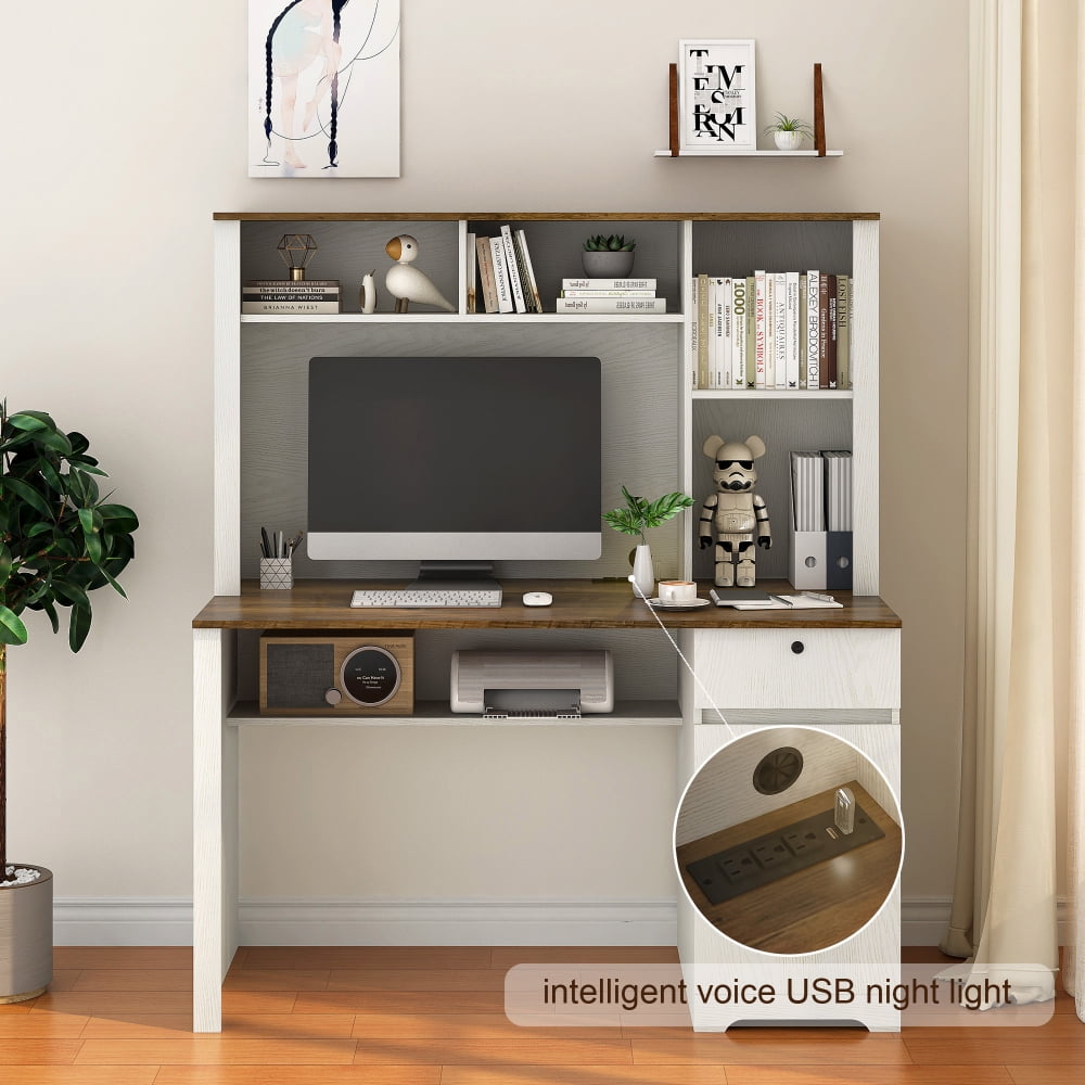 Tcbosik 51 inch Computer Table with Charging Station, Home Office Desk ...