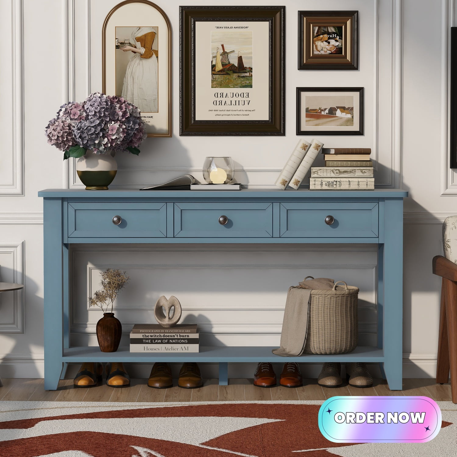 Tcbosik 55.4" Console Table with Open Shelf and 3 Storage Drawers ...