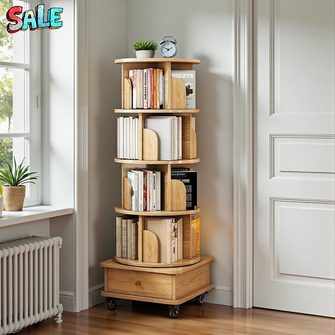 Tcbosik 55.91"H Revolving Bookshelf in Natural Wood, 5-Tier Rolling ...