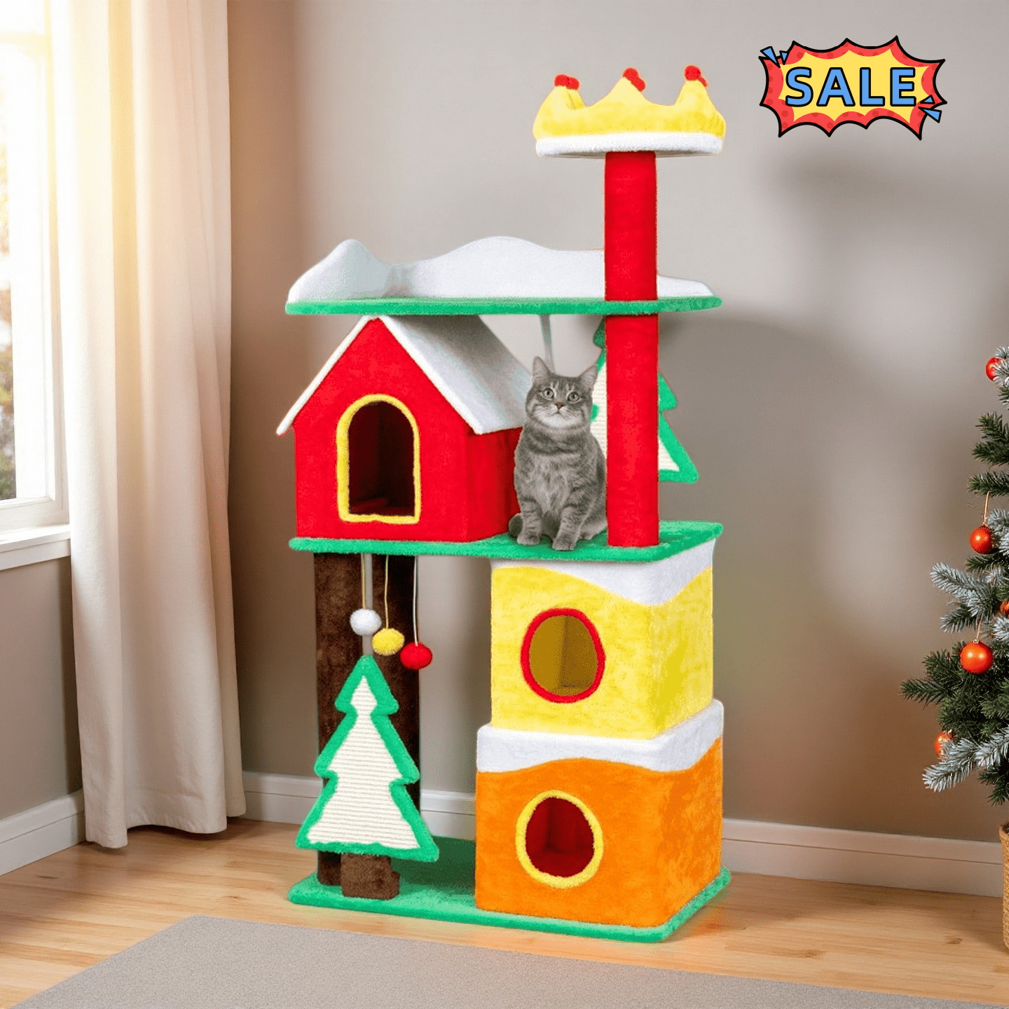 Tcbosik 56in Tall Cat Tree, Christmas Themed Cat Tower with Cat Condos ...