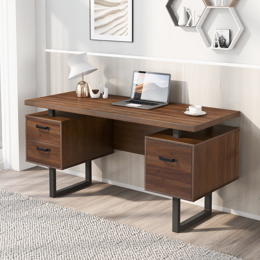 Tcbosik 59" Home Office Computer Desk with Drawers for Hanging Letter ...