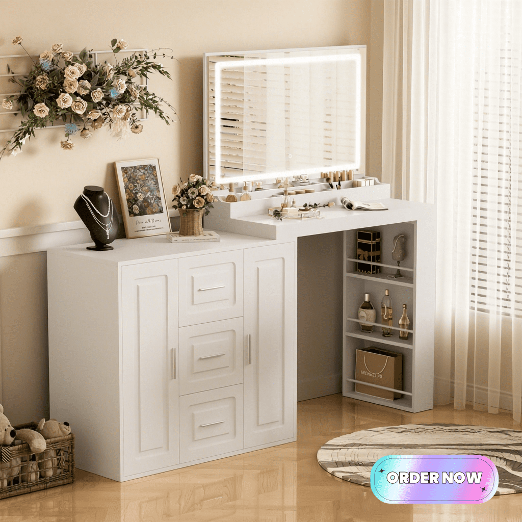 Tcbosik 59" Large Vanity Desk with Lighted Mirror and 3 Drawers, Makeup ...