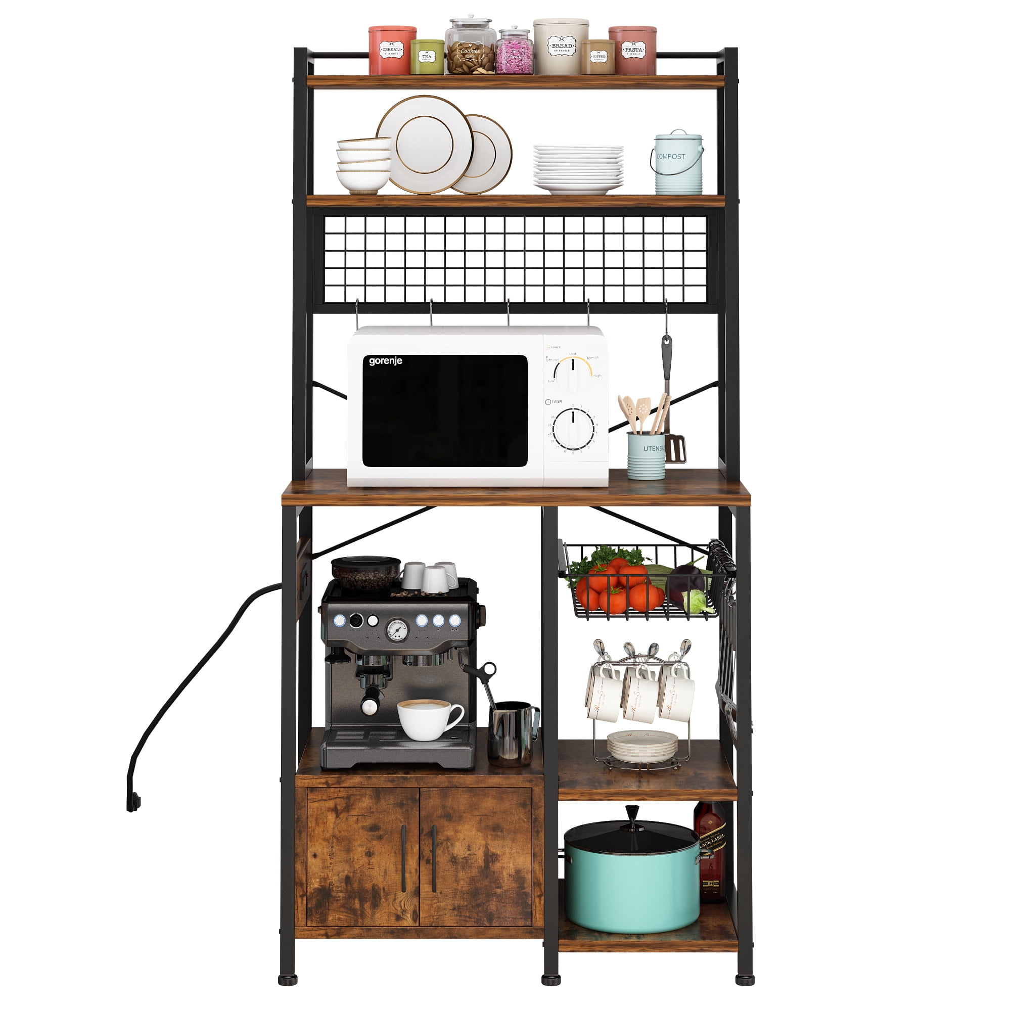 Tcbosik 6-Tier Kitchen Bakers Rack with Doors and S Hooks, Freestanding ...