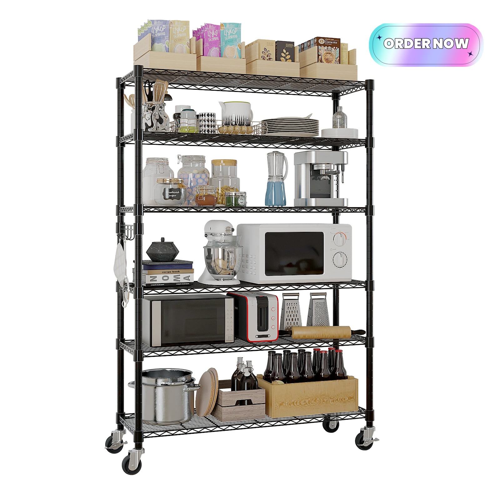 Tcbosik 6 Tier Storage Shelves with Wheels, Metal Wire Shelving Unit ...