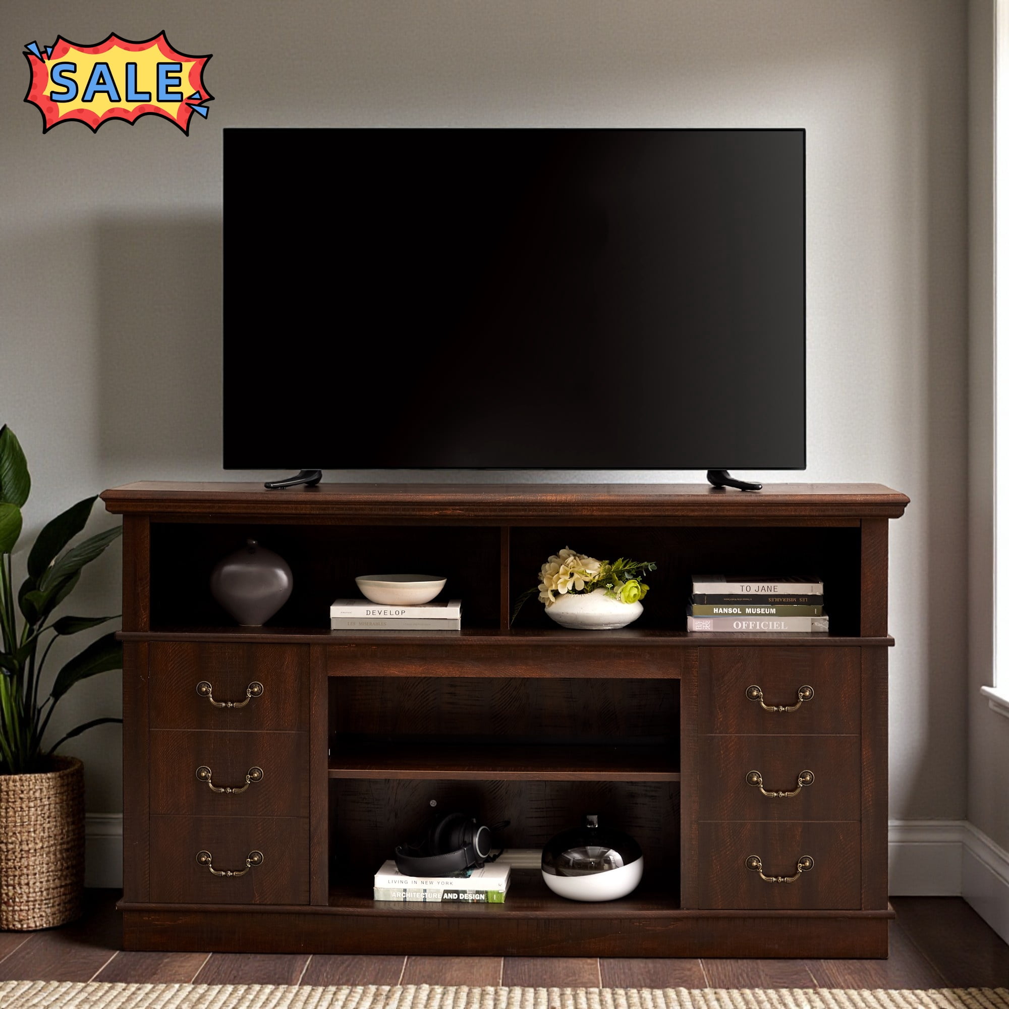 Tcbosik Farmhouse TV Stand with 2 Doors for TVs up to 65