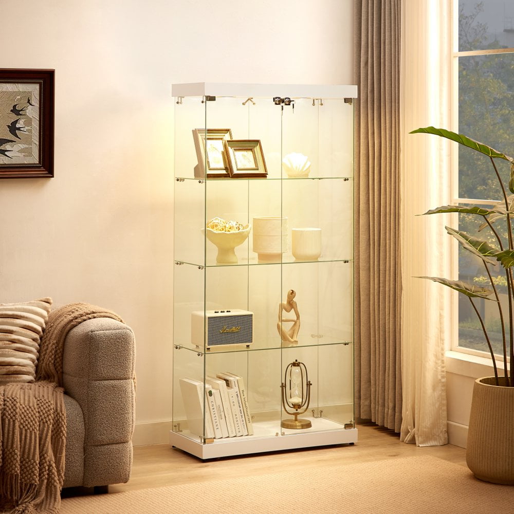 Tcbosik 66 Glass Display Cabinet In Clear With Lock And Lights Lighted Curio Cabinet