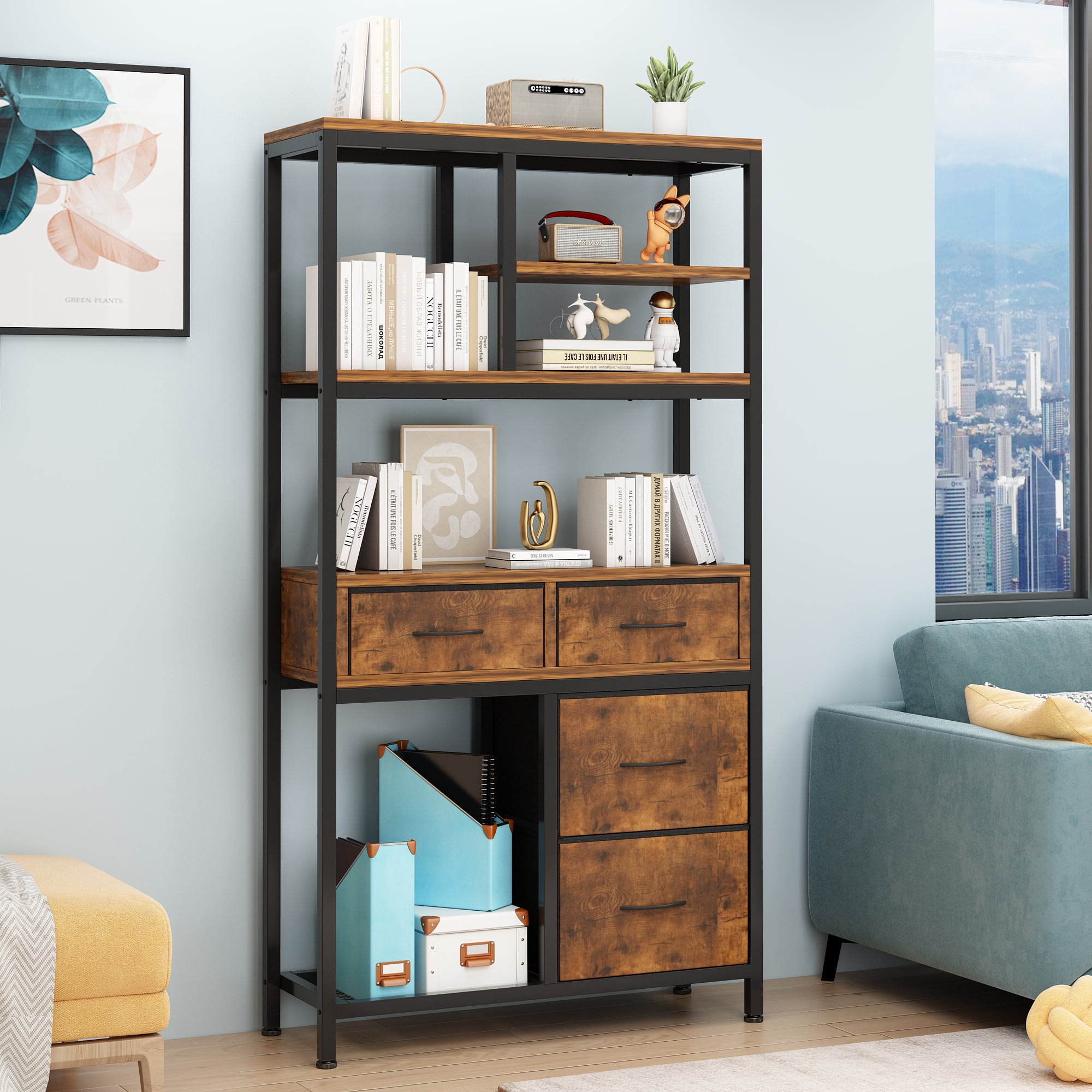 Tcbosik 69"H Tall Bookcase with Metal Frame, Storage Rack with Drawers ...
