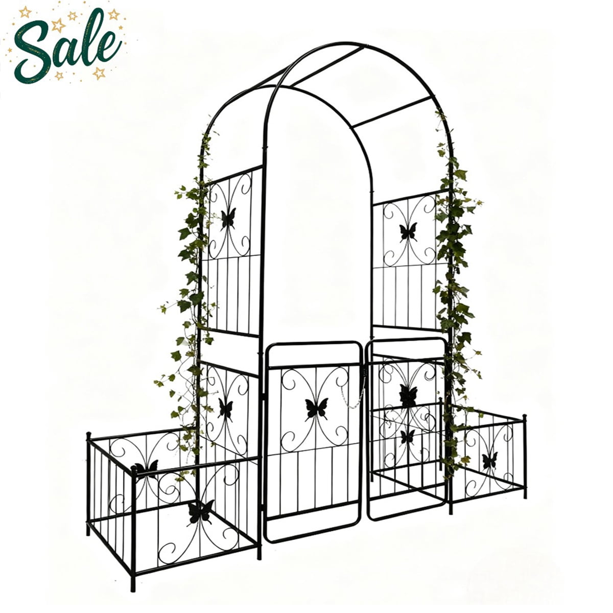 Tcbosik 7.2FT Metal Garden Arbor with Gate & Planter Boxes, Black ...