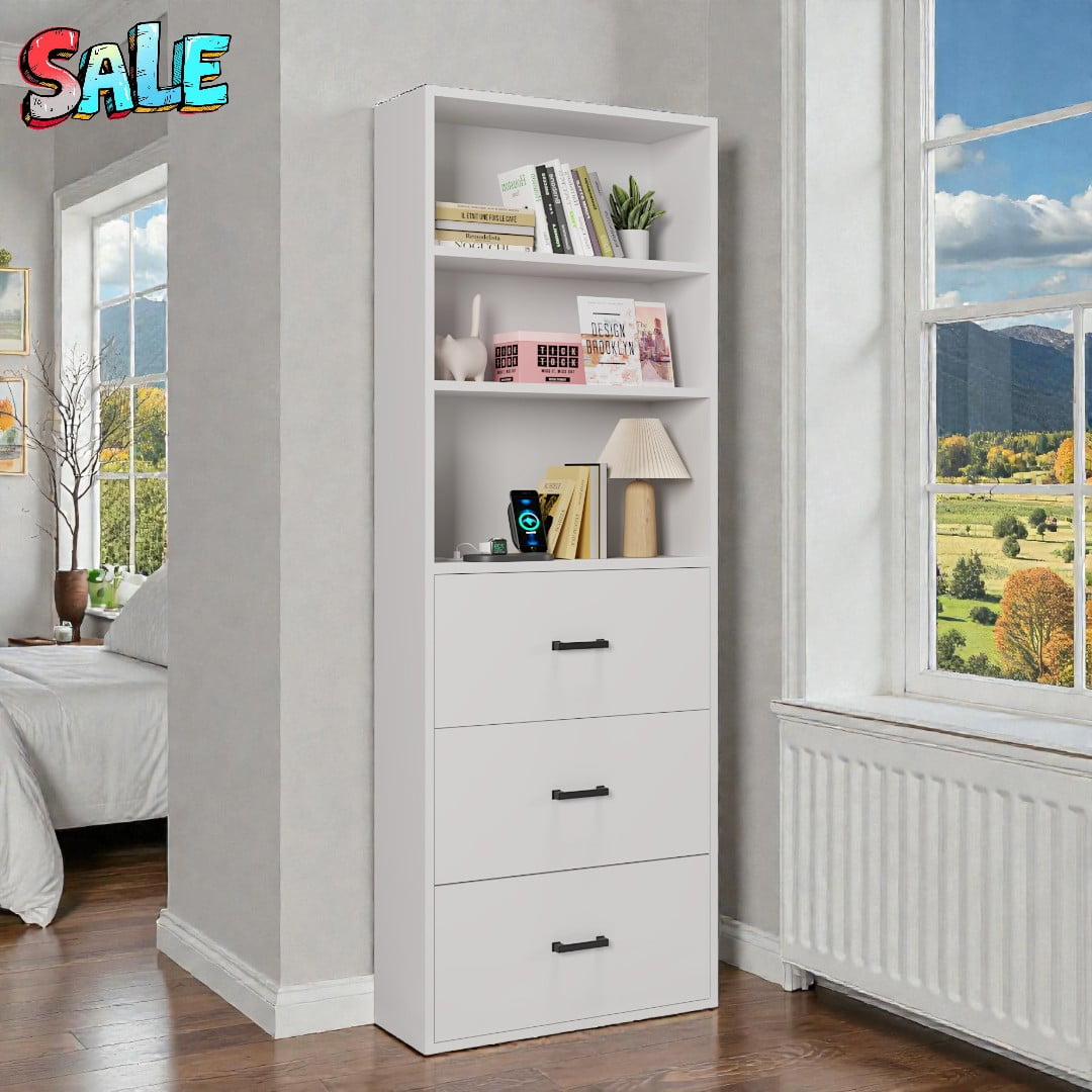 Tcbosik 70.8" Tall Bookcase with 3 Drawers & Charging Station, Open ...