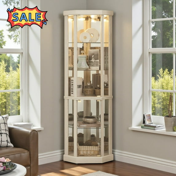 Tcbosik 70" H Lighted Corner Curio Cabinet, Glass Display Cabinet with ...