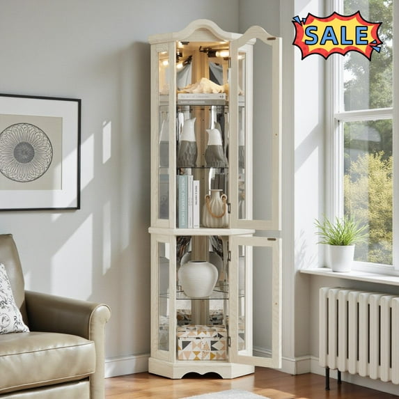 Tcbosik 70"H Lighted Corner Curio Cabinet with Glass Doors, Display ...