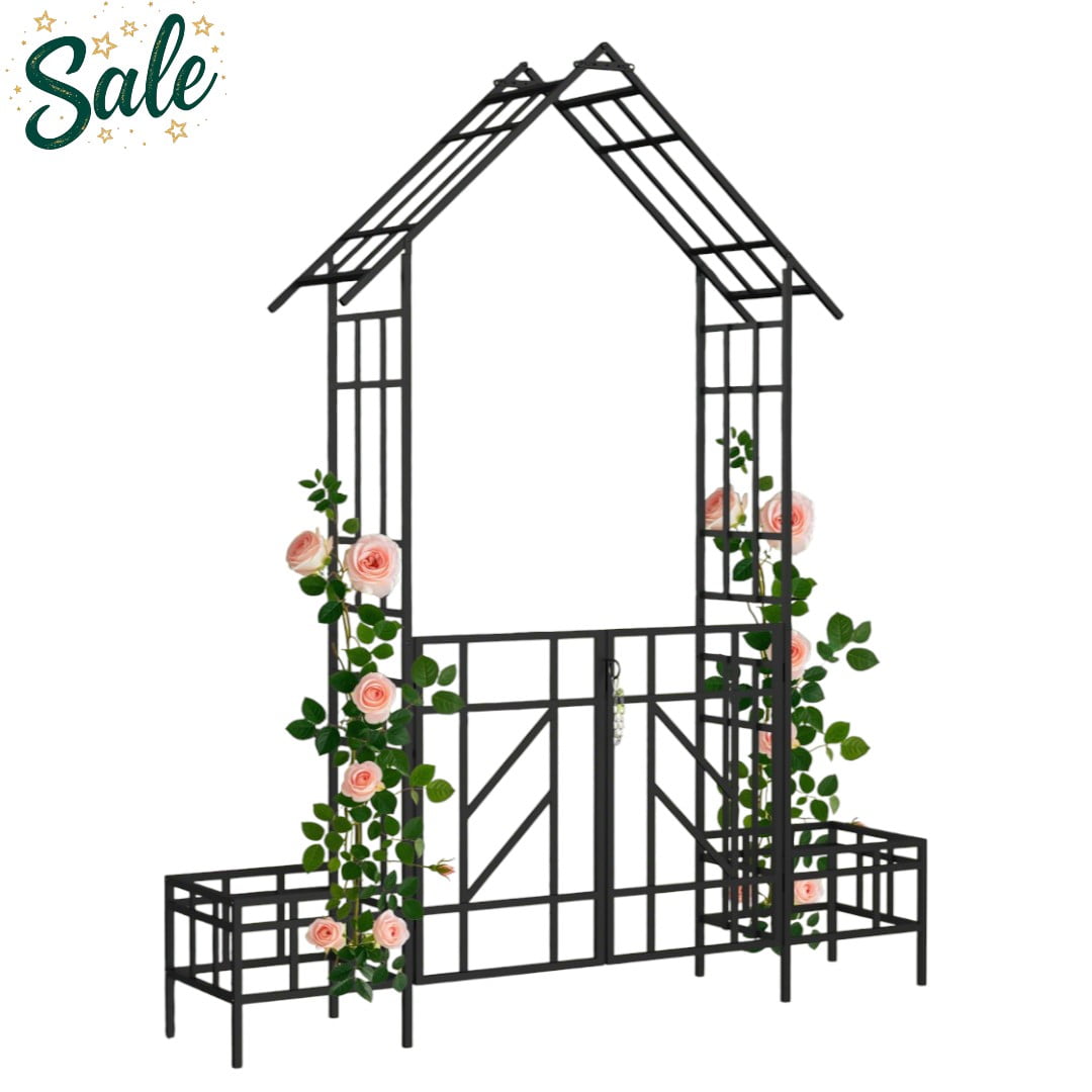 Tcbosik 97" H Garden Arch with Gate & Planter Boxes, Black Galvanized ...