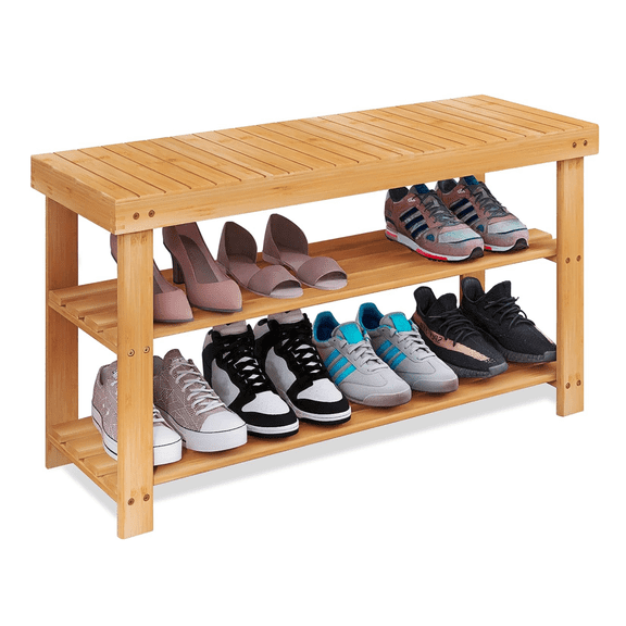 3-Tier Shoe Rack Bench Bamboo Wood Storage Shelf Rustic Space-Saving ...