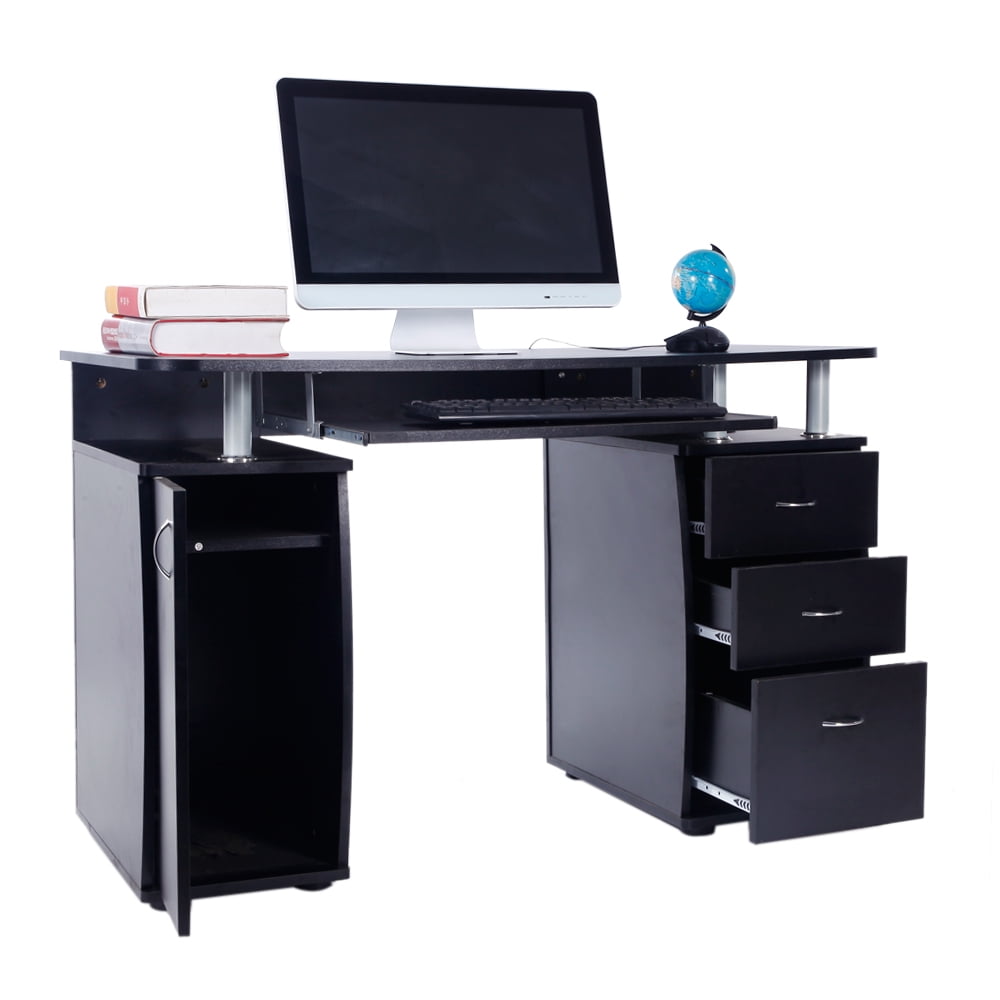 Tcbosik Black Computer Desk, Computer Workstation with Door and Drawers ...