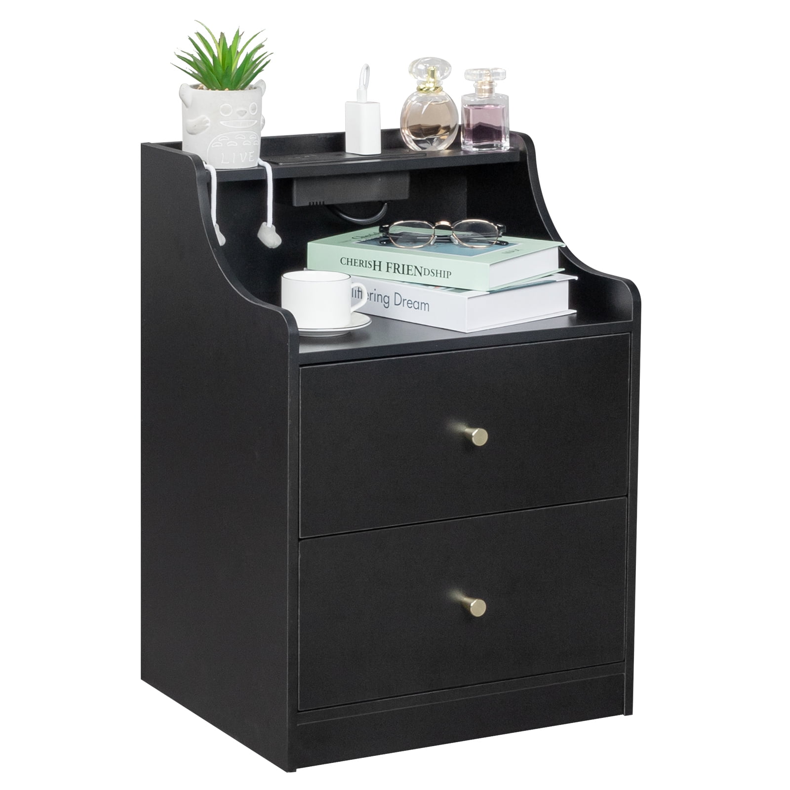 Tcbosik Black Wood Nightstand with Charging Station, Bedside Table with ...