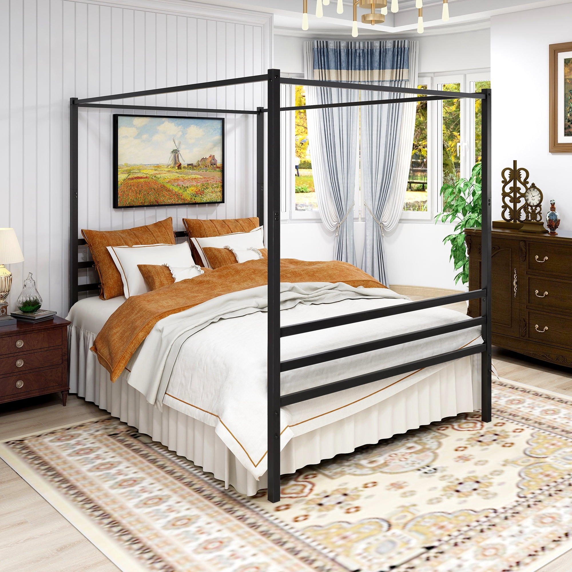 Tcbosik Canopy Metal Bed with Headboard Queen Size Platform Frame ...