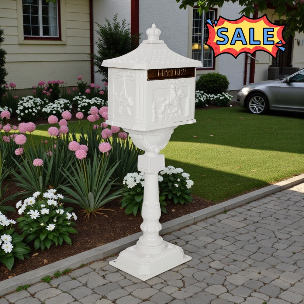 Tcbosik Cast Aluminum Mailbox with Post, Heavy Duty Locking Security ...