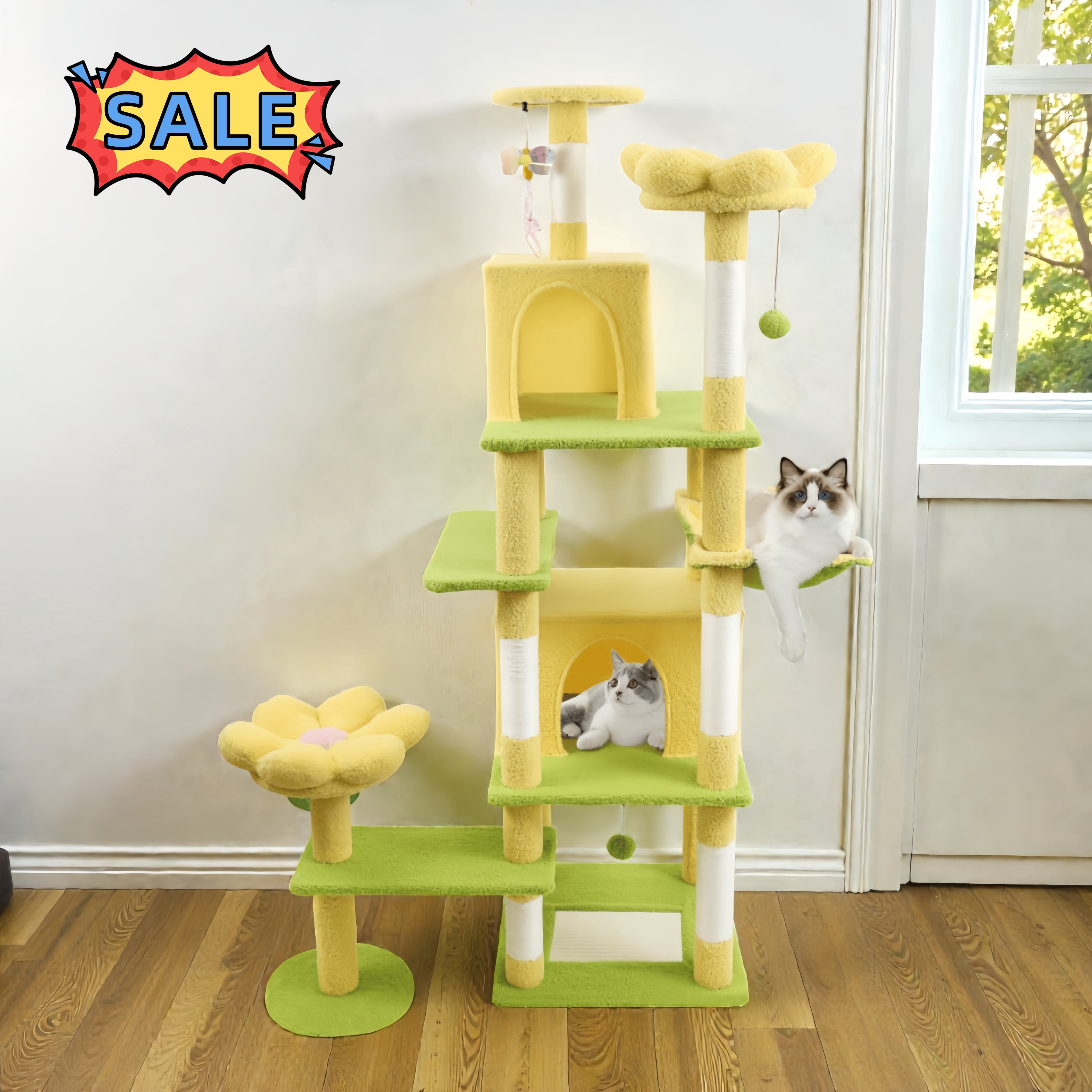 Tcbosik Cat Tree with Condo, Hammock and Flower Shaped Cushions, 71 ...
