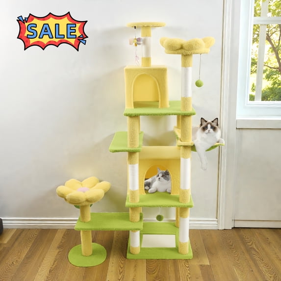 Tcbosik Cat Tree with Condo, Hammock and Flower Shaped Cushions, 71 ...
