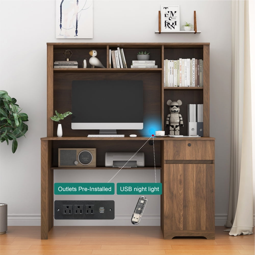 Tcbosik Computer Desk with Charging Station and USB Night Light, Home ...